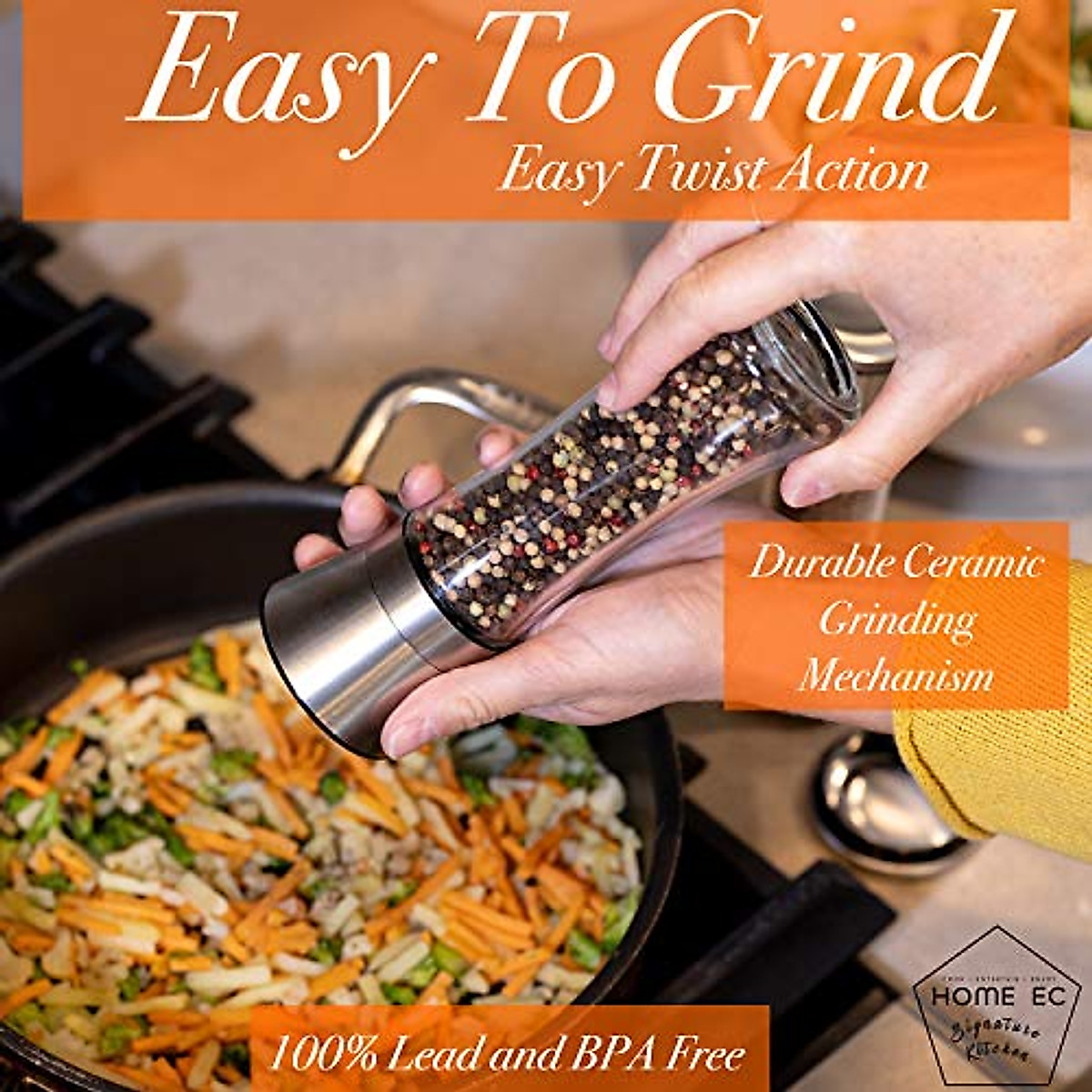 HOME EC Original Salt and Pepper Grinder Set - Adjustable Sea Salt Grinder & Pepper Grinder - Stainless Steel & Glass Salt and Pepper Shakers - Pepper Mill & Salt Mill - Modern Kitchen Accessories