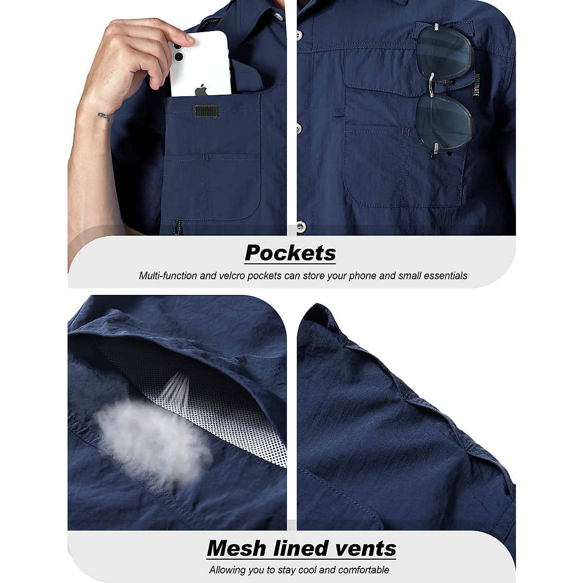 Mens Short Sleeve Fishing Shirts UPF 50+ Sun Potection UV Shirts for Hiking Button Down Shirts with Velcro Pockets for Work Navy