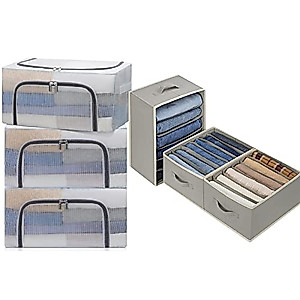 Baesyhom 3 Pack Clear Stackable Clothes Storage Bins and 3 Pack Large Size Wardrobe Clothes Organizer for Pant, Jean, Sweater with Sturdy Handle