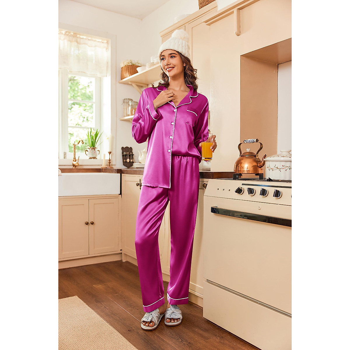 Ekouaer Women's Classic Button Down Long Satin Silk Pajama Set,Medium,Rose