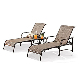 PatioFestival Patio Chaise Lounge Outdoor Adjustable Back Metal Lounge Chair with Bistro Table 3 Pieces for Porch Backyard Pool