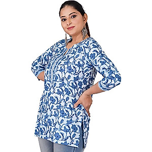 COTTON HTHRANG Indian Women's Tunics Tops, Cotton Hand Block Printed Short Kurti, Shirt, Blouse For Women Royal Blue