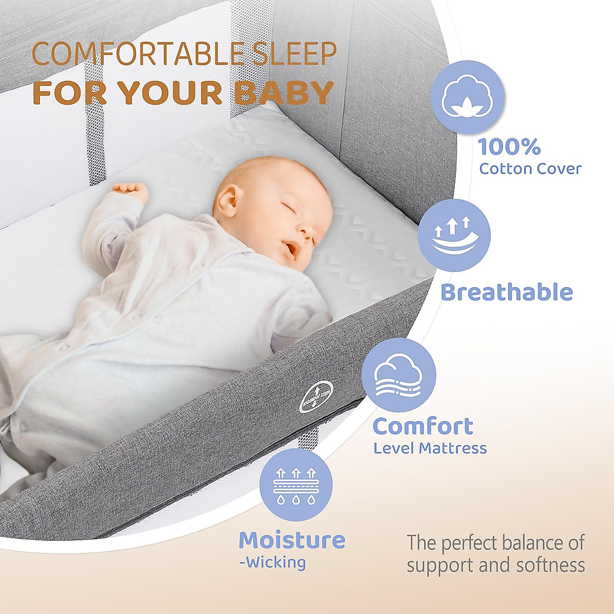 JOYMOR 5 in 1 Baby Bassinet with Changing Table, Besdide Bassinet, Portable Pack and Play with Bassinet, Mattress and Sheet, Toy, Wheels, Carry Bag for Boys Girls