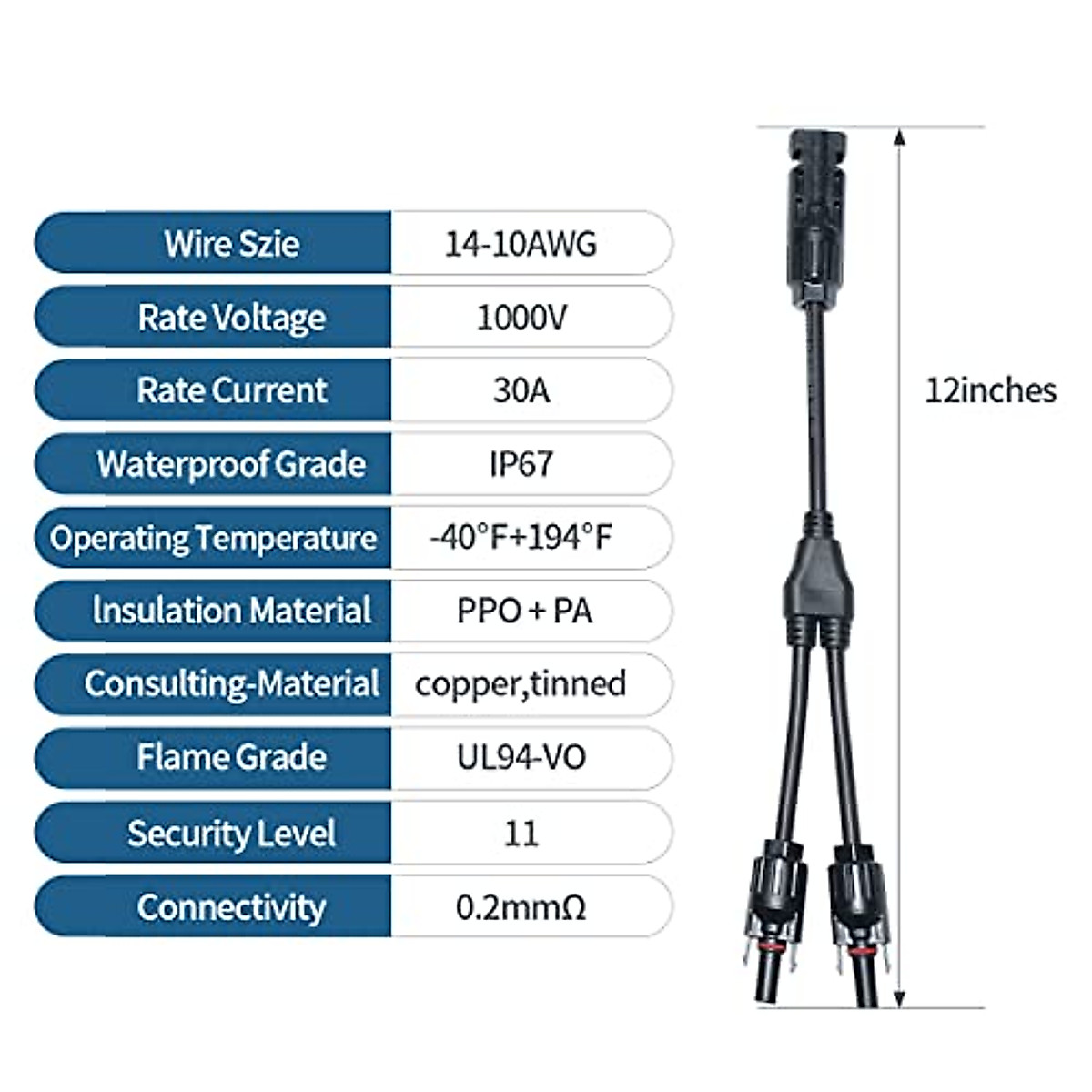 ELFCULB 2Pair Solar Panel Connector, 1 FT Solar Connectors Y Branch Parallel Adapter Cable Solar Cable, 1 Male to 2 Female(M/FF) and 1 Female to 2 Male(F/MM) Solar Panel Cables and Connectors 1500V