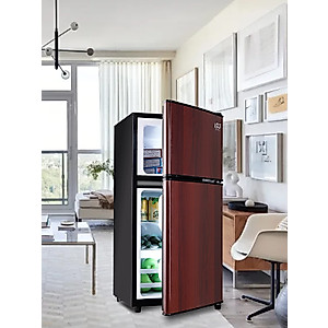 KRIB BLING Mini Fridge With Freezer,3.5 Cu. Ft Compact Refrigerator With 2 Doors,7- Level Adjustable Thermostat, Removable Glass Shelves For Bedroom, Office, Kitchen, Apartment, Dorm,Wood