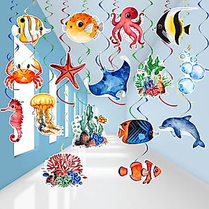 36Pcs Sea Animals Tropical Fish Hanging Swirl Under The Sea Party Birthday Decor Ocean Themed Party Swirls Streamers Supplies for Boys Girls Kids Mermaid Creatures Baby Shower Decorations