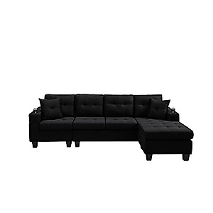BIADNBZ Modern Sectional Sofa Set with Reversible Chaise Lounge,2 Pillows and Cup Holders,4-Seat L-Shaped Upholstered Couch for Living Room Office Apartment, Black