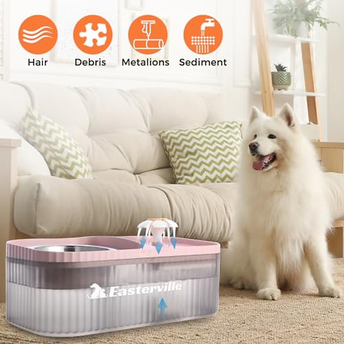 Easterville Cat Water Fountain, Ultra Quiet Water Fountain for Cats Inside with 3 Filters, Pet Water Fountain, 3L/101oz Automatic Cat Fountain Cat Water Dispenser & Stainless Steel Bowl