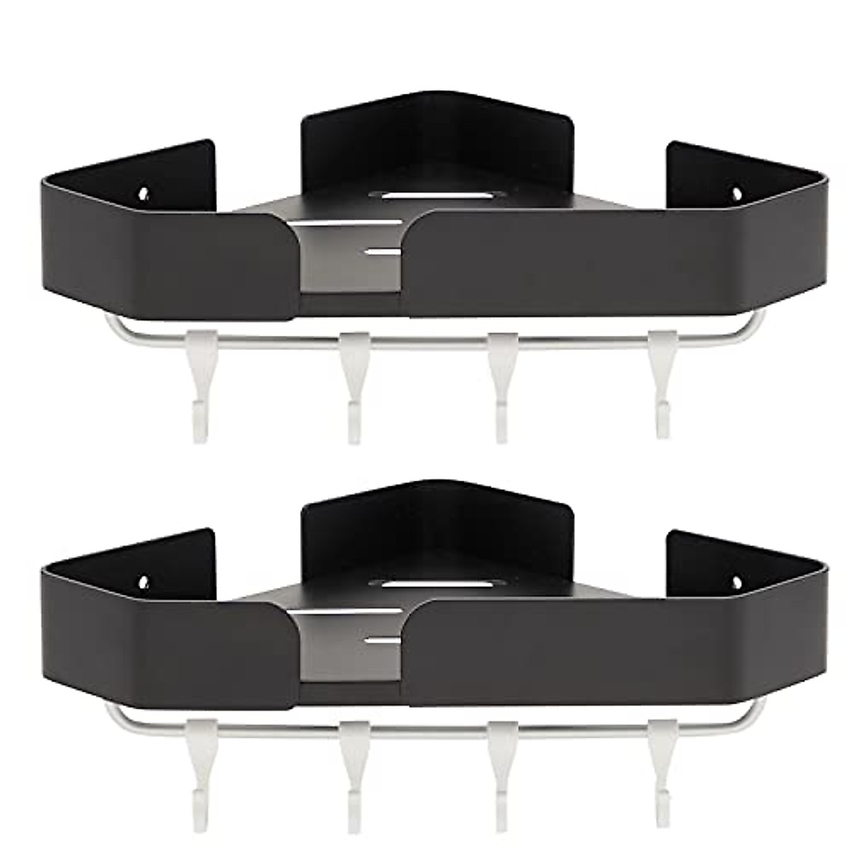 Juvale Bathroom Corner Shelves with Hooks, Wall Mounted Shower Caddy (12.5 x 8.2 in, Black, 2 Sets)