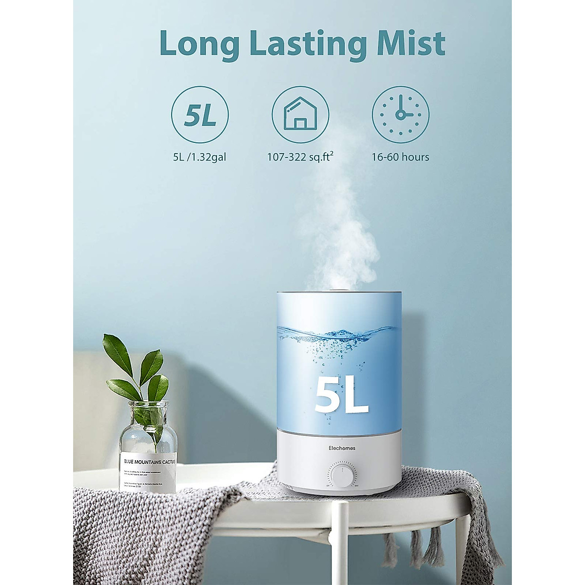 Elechomes 5L(1.32Gal) Cool Mist Humidifier & Essential Oil Diffuser Combo, Top Fill Ultrasonic Humidifiers for Bedroom, Baby Nursery Room and Office, Whisper-Quiet, 360° Nozzle, Auto Shut-Off Timer