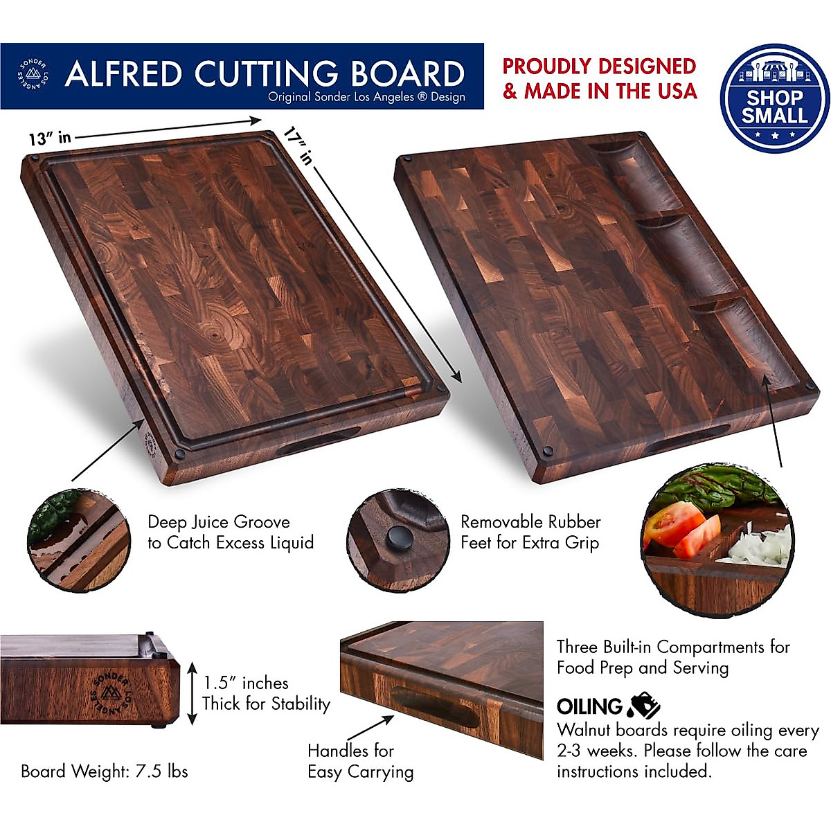 Sonder Los Angeles, Made in USA, Large Thick End Grain Walnut Wood Cutting Board with Non-Slip Feet, Juice Groove, Sorting Compartments for Kitchen 17x13x1.5 in (Gift Box Included)