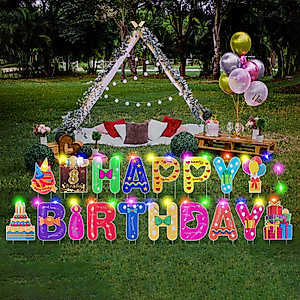 HOMENOTE 18Pcs Happy Birthday Yard Signs with Stakes, 2 x 5m LED Lights and Personalized Signs, 16” Large Size - Birthday Letters Signs for Yard Lawn Outdoor Birthday Decoration Party Supplies