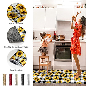 Sailground Kitchen Rugs and Mats Sets of 2, Summer Fresh Sunflower Black Buffalo Check Plaid Sweet Farm Life Time Indoor Floor Mats Non-Slip Area Rug Carpet for Bathroom Living Room Office Home Decor