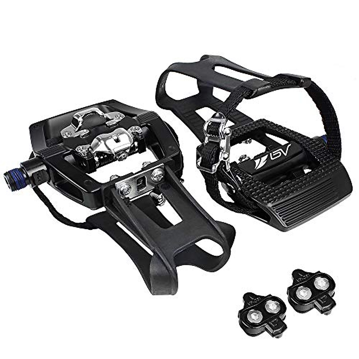 BV Bike Pedals Shimano SPD/Look Delta Compatible 9/16'' with Toe Clips - Peloton Pedals for Regular Shoes - Toe Cages for Peloton Bike - Exercise Bike Pedals - Universal Fit Bicycle Pedal