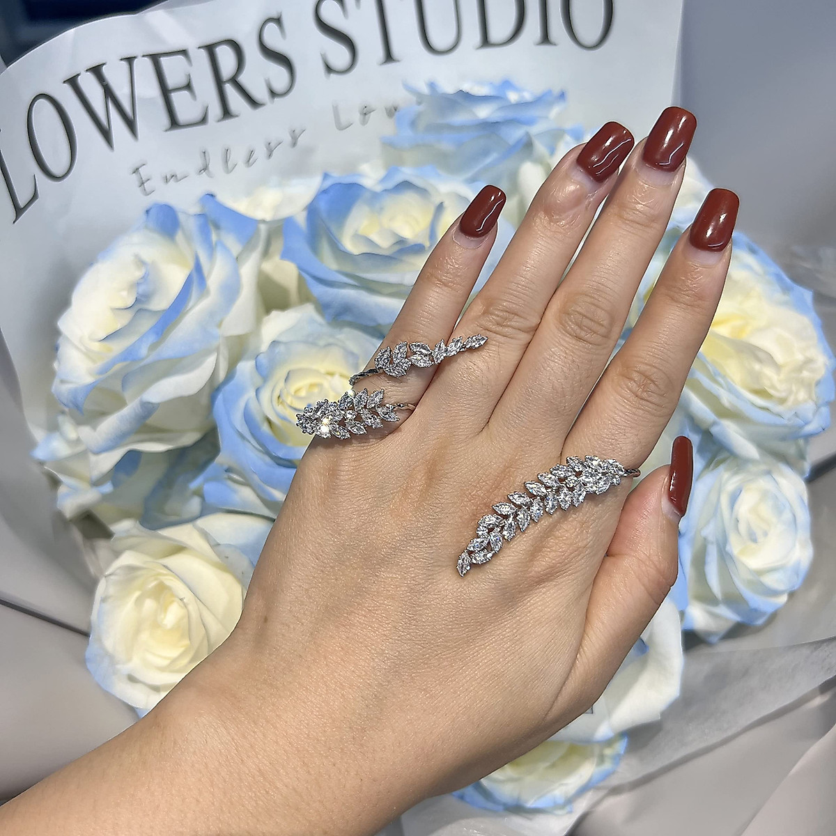 Aprilery Hand Palm Statement Ring for Women, Fashion Adjustable Multiple Finger Ring CZ Crystal Hand Cuff Bracelet Cocktail Costume Wedding Party Jewelry Ring Gifts for Her (Finger Leaf, One Size)