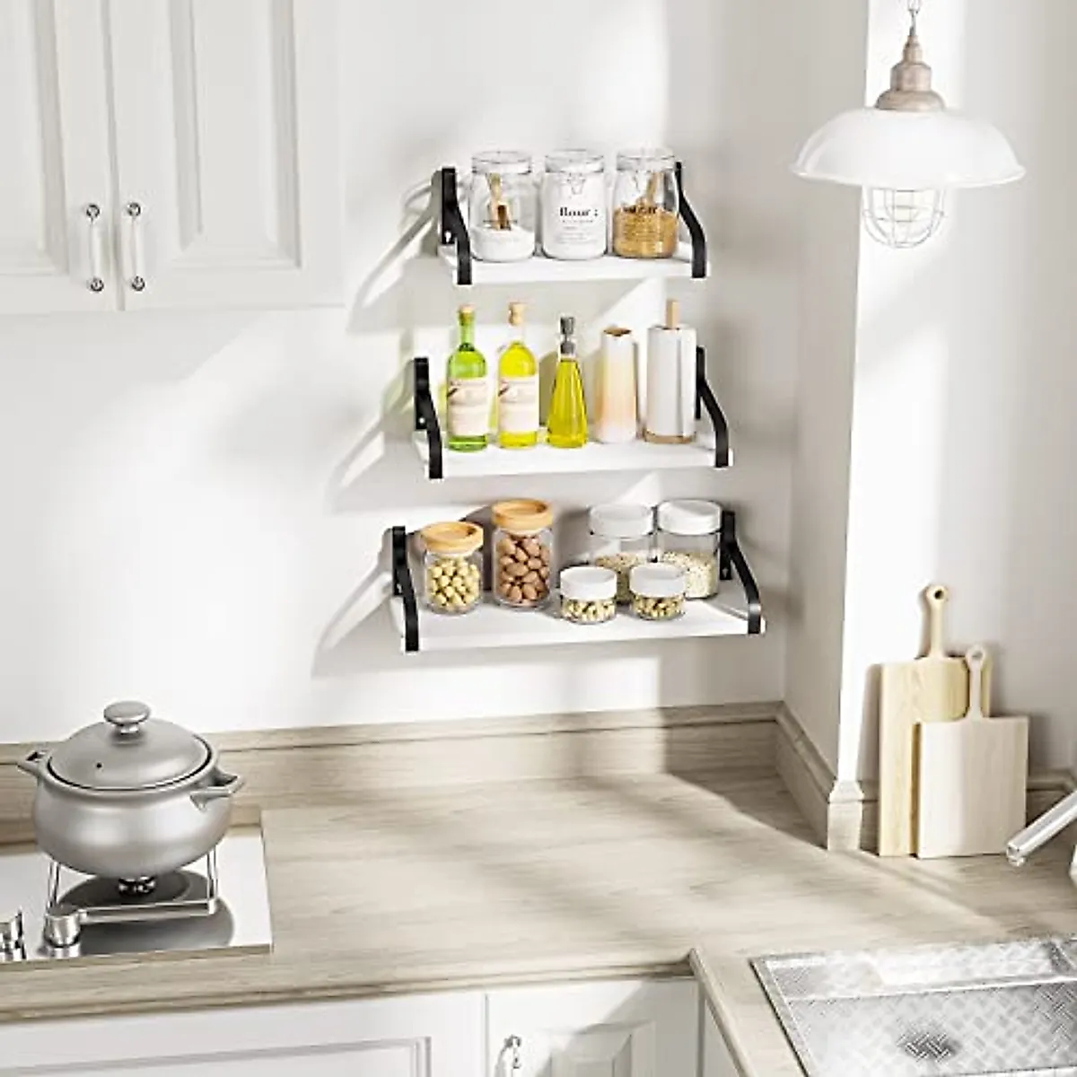 Love-KANKEI Floating Shelves Wall Mounted Set of 3, Large Wood Wall Shelves for Storage, Rustic Shelves for Display Bathroom,Bedroom,Living Room,Kitchen,Office and More White