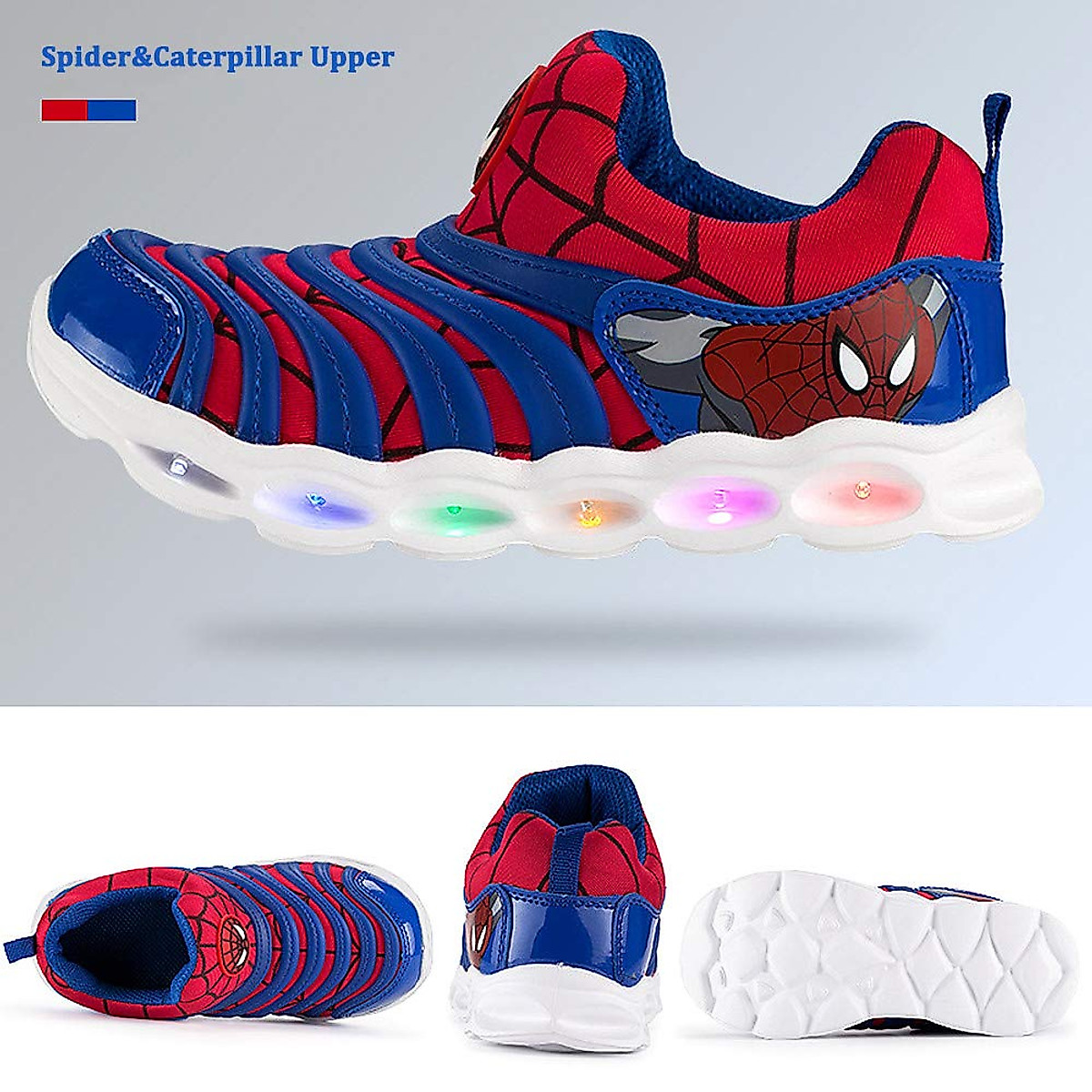 Kids Light Up Shoes, Kids Sneakers, Spider Caterpillar Upper Athletic Running Walking Sneakers Through Vibration Flash(Blue/Red 32, 13.5 M Little Kid)
