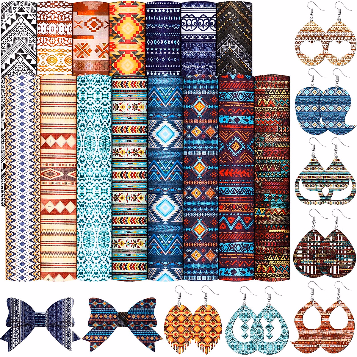 15 Set Serape Faux Leather Sheets Geometry Boho Pattern Faux Leather Patterned Sheets Striped Plaid Printed Leather Fabric for DIY Craft Making Earring Sewing Bags Hair Bows Supplies, 8.3 x 6.3 Inch