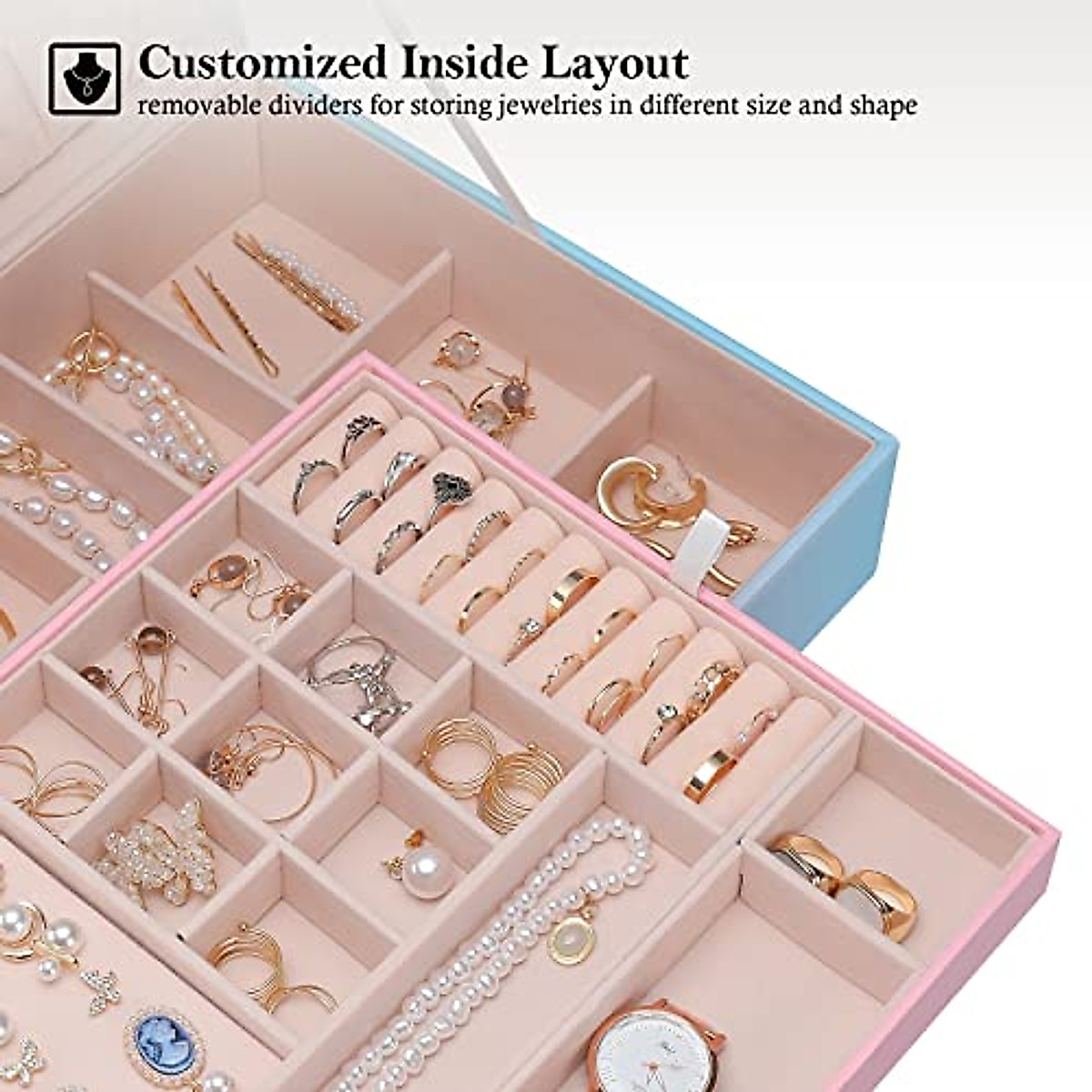 ProCase Jewelry Box for Women, 2 Layers Large Leather Jewelry Organizer Storage Case with Removable Pad for Earrings -Gradient