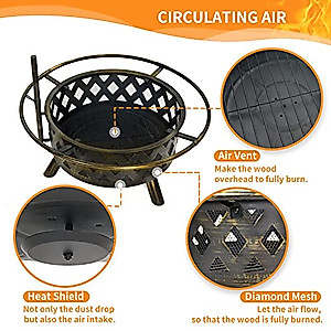 UDPATIO Fire Pit with Grill for Outside 30 Inch Outdoor Wood Burning Firepit Large Steel Firepit with Cooking Swivel BBQ Grill for Backyard Bonfire Patio