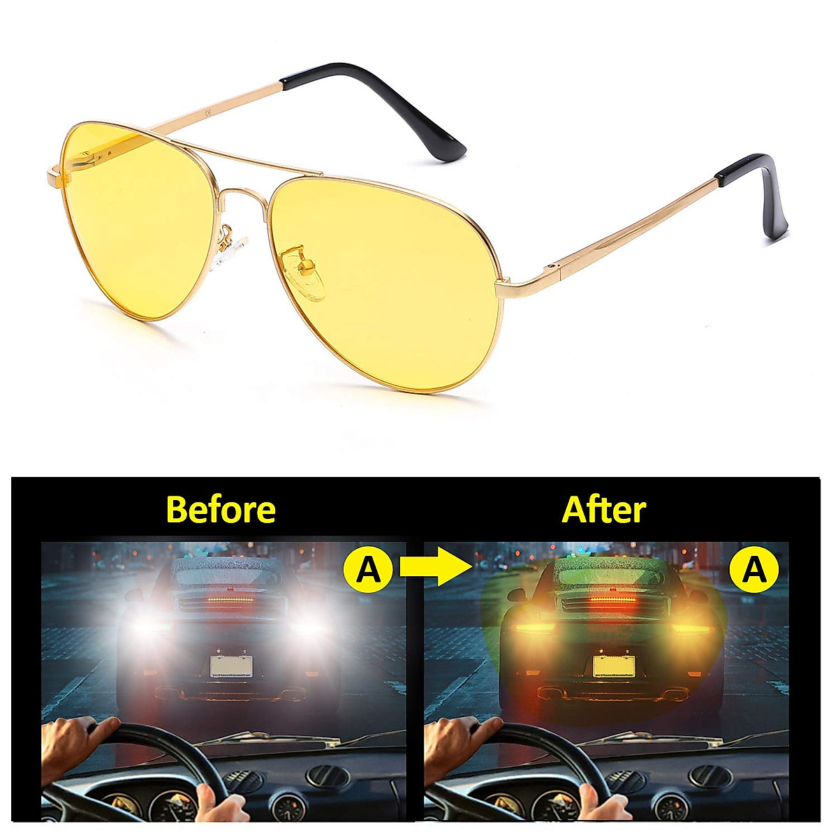SODQW Aviator Night-Driving Glasses, Night-vision Goggles Anti Glare Polarized Yellow Lens, Fashion Safety Glasses (Gold Frame/Yellow Night-Driving Glasses)