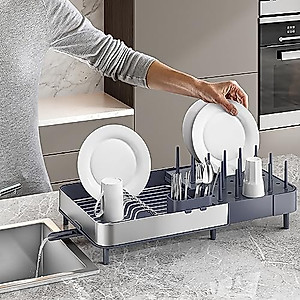 Dish Drying Rack - Expandable Dish Racks - Large Stainless Steel Dish Drainer for Kitchen Counter with Utensil Holder and Cup Holder, Grey