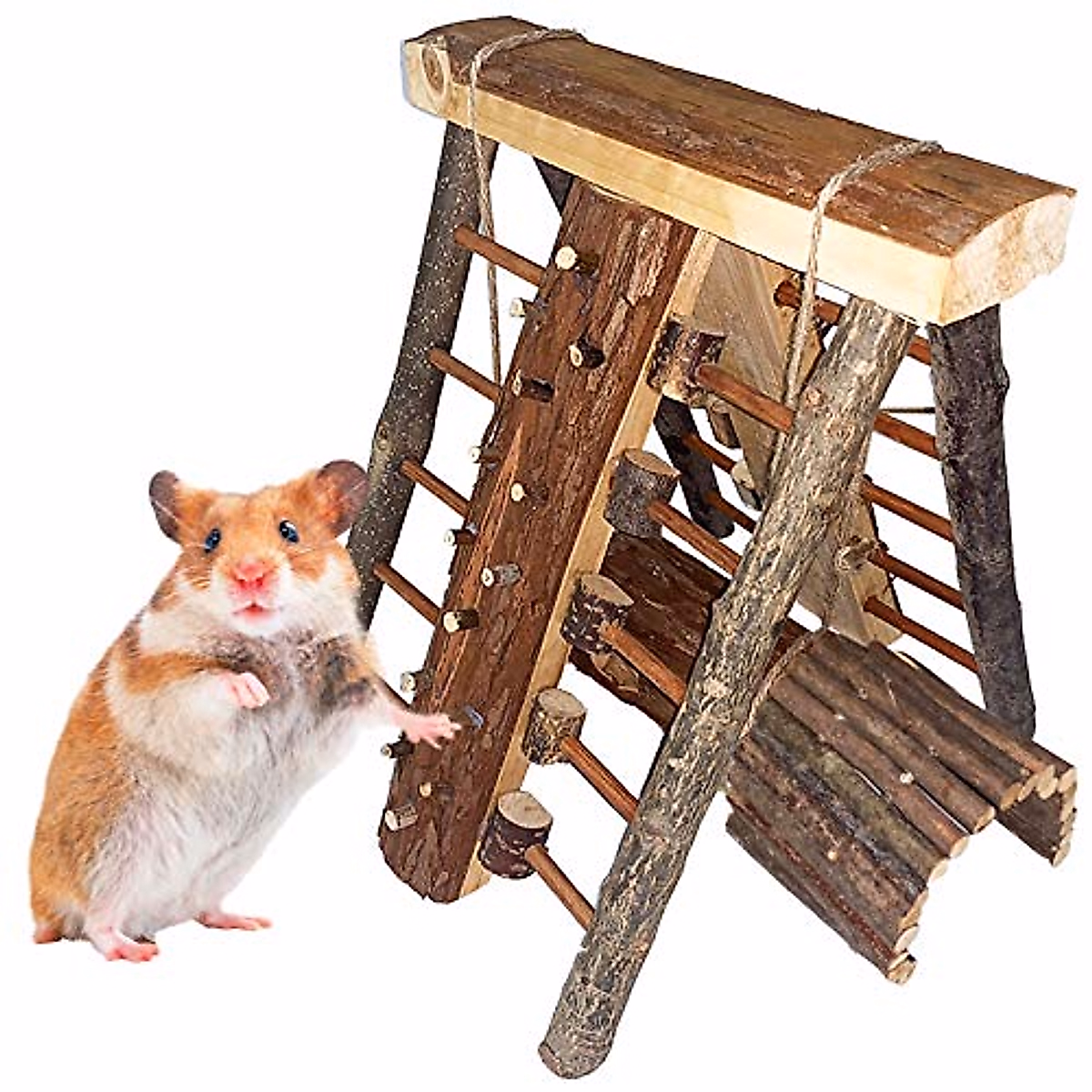 Hamiledyi Wooden Hamster Climbing Toy Guinea Pigs Activity Perch Platform Steps Stairs Gerbil Hanging Chew Tunnel Tube with Apple Wood Bridge
