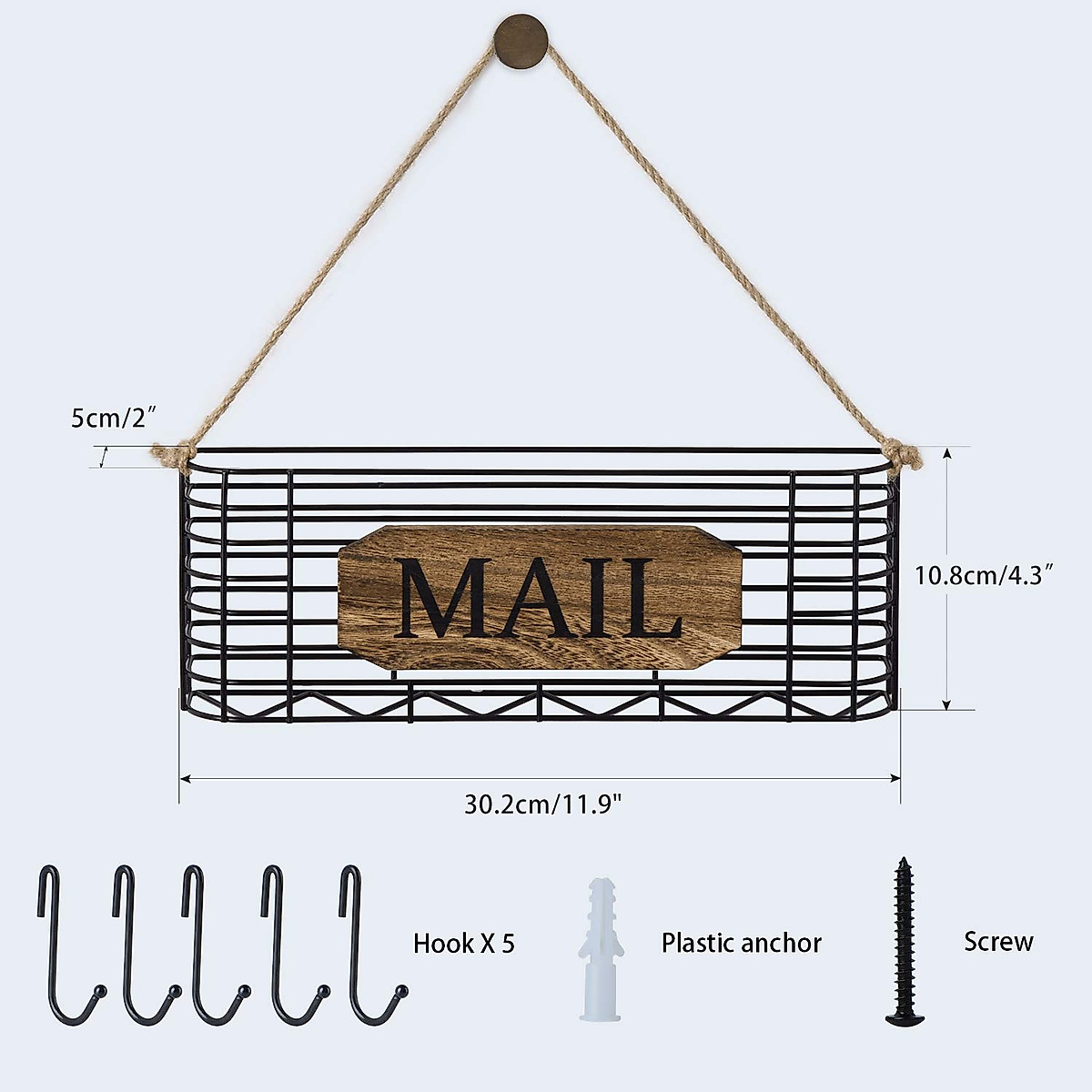 SRIWATANA Mail Holder, Rustic Mail Organizer Wall Mount Hanging Mail Sorter Letter Basket with 5 Key Holder for Wall, Large, Carbonized Black