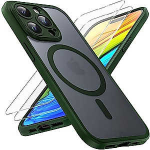 TOCOL 3 in 1 Magnetic for iPhone 14 Pro Case, Upgraded [Full Camera Protection] with 2 Screen Protector, Fit for MagSafe, [Military Grade Drop Tested] Translucent Matte Back Cover 6.1", Alpine Green