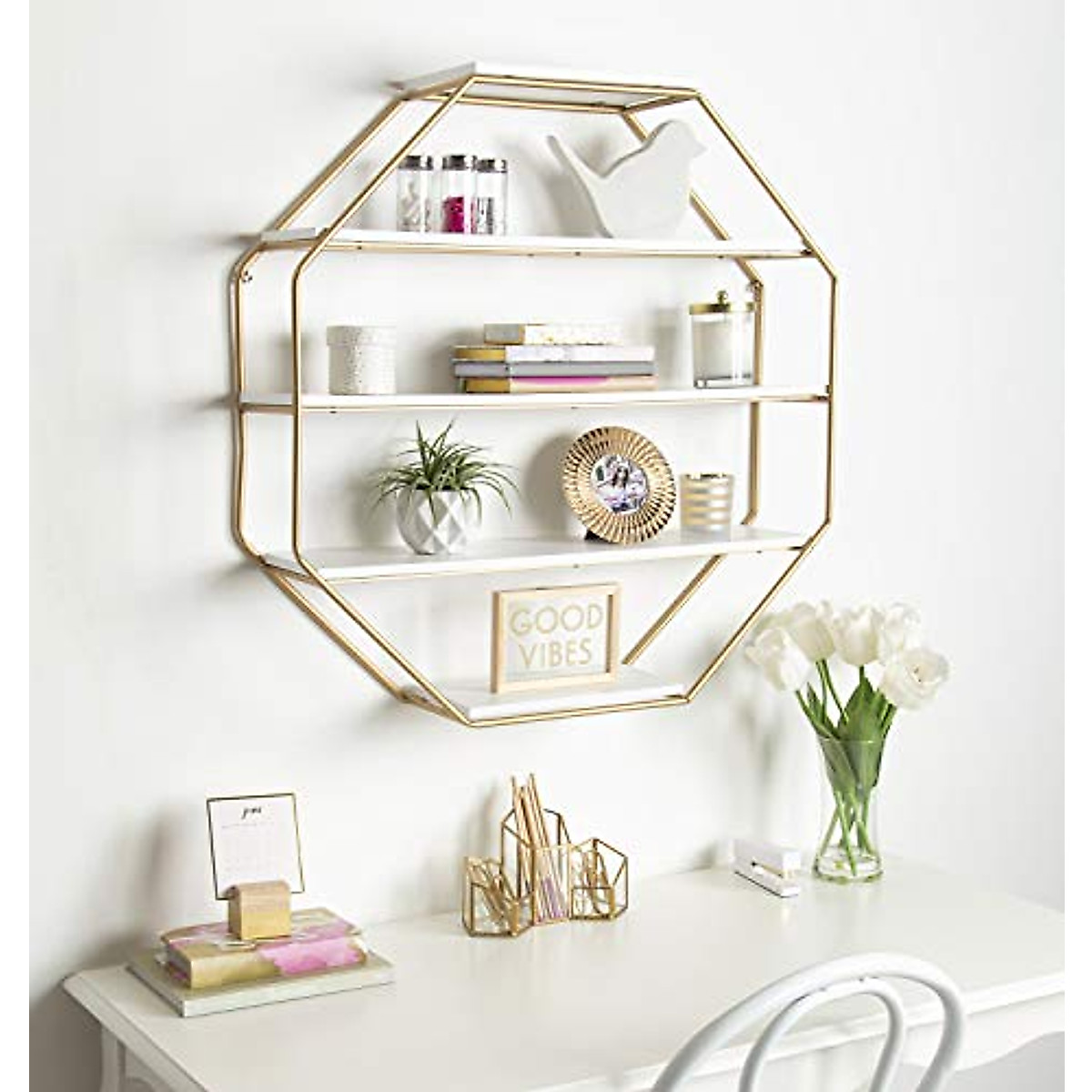Kate and Laurel Lintz Large Modern Octagon Floating Wall Shelves with Metal Frame, Gold and White