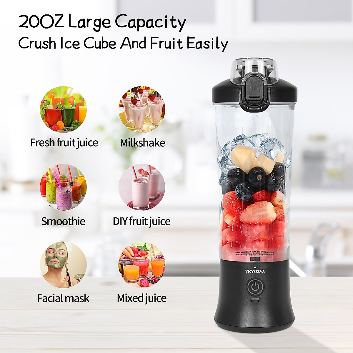 Portable Blender, VKYOZVA Personal Blender for Shakes and Smoothies, 20 OZ Mini Blender with 6 -leaf Sharper Blades, USB Rechargeable Blender Travel Lid with 2 Straws For Home, Kitchen, Office, Gym