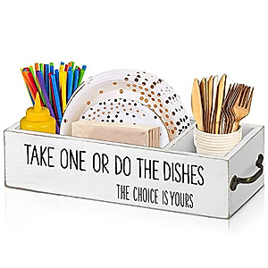Kitchen Countertop Paper Plate Organizer Utensil Caddy, Wooden Paper Plate Holder with Handle, Utensil Caddy Holder for Cup Fork Knives Napkin Condiment, Silverware Caddy for Party Camping BBQ