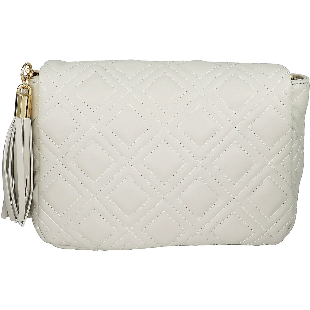 B BRENTANO Vegan Quilted Flap-Over Crossbody Bag with Chain Strap and Tassel Accent (Off-White)