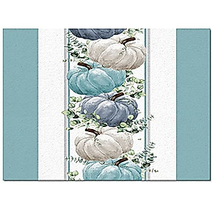 OComster Fall Thanksgiving Rectangle Shape Large Area Rugs - 2 x 3 Feet Blue Grey Pumpkin Eucalyptus Leaves Teal Striped - (Non-Woven + Rubber) Low File Floor Mat