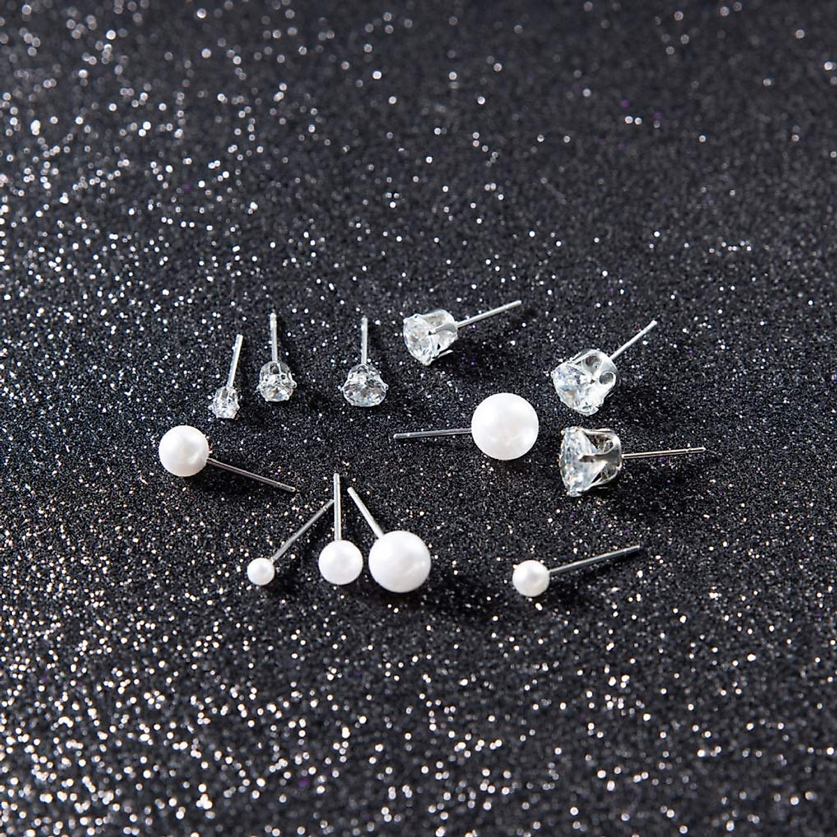 SUNSCSC Women's Stainless Steel Round Clear Cubic Zirconia Pearl Stud Earrings Gift 12 Pairs (White)