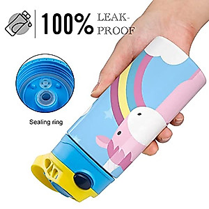 Thermos Cup 500Ml Rainbow Unicorn Insulated Water Bottle With Straw For Sports And Travel 7.5x2.7 in