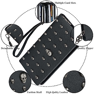 Women's Wallet Large PU Leather Clutch Purse Punk Studded Skull Ladies Wallet Credit Card Holder Organizer Wristlet (Skull)
