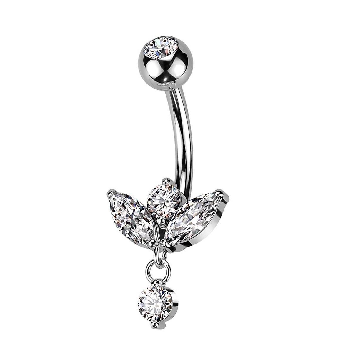 Pierced Owl 14GA 316L Stainless Steel CZ Crystal Marquise with Dangling Gem Belly Button Ring (Silver Tone)
