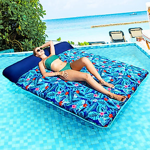 FindUWill Oversized Pool Floats Raft, 1-2 Person, 72'' X 60'' Giant Fabric-Covered Pool Floats Adult Size, Inflatable Floating Mat with Headrest Ultra-Comfort Summer Pool Lounger Floatie