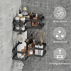 Corner Shower Caddy No Drilling,Shower Organizer Corner,Strong Adhesive Shower Shelves,Metal Bathroom Organizer Shower with Hooks,Shower Wall Caddy Waterproof,Rustproof Black 2 Pack