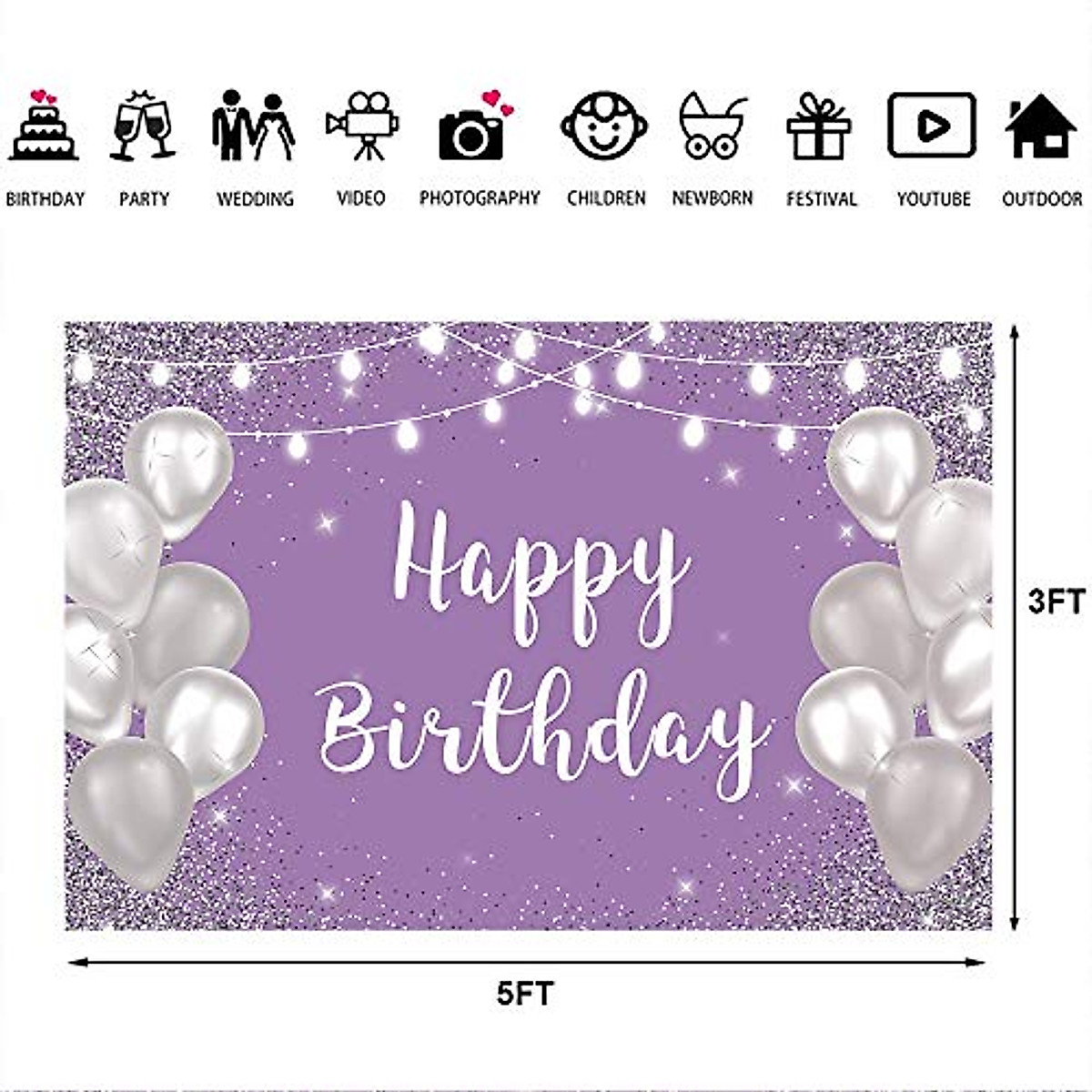 5×3ft Violet Purple Silver Happy Birthday Backdrop Girls Silver Balloon White Lights Girls 16th 20th 30th Birthday Party Banner Decorations Background Portrait Studio Props