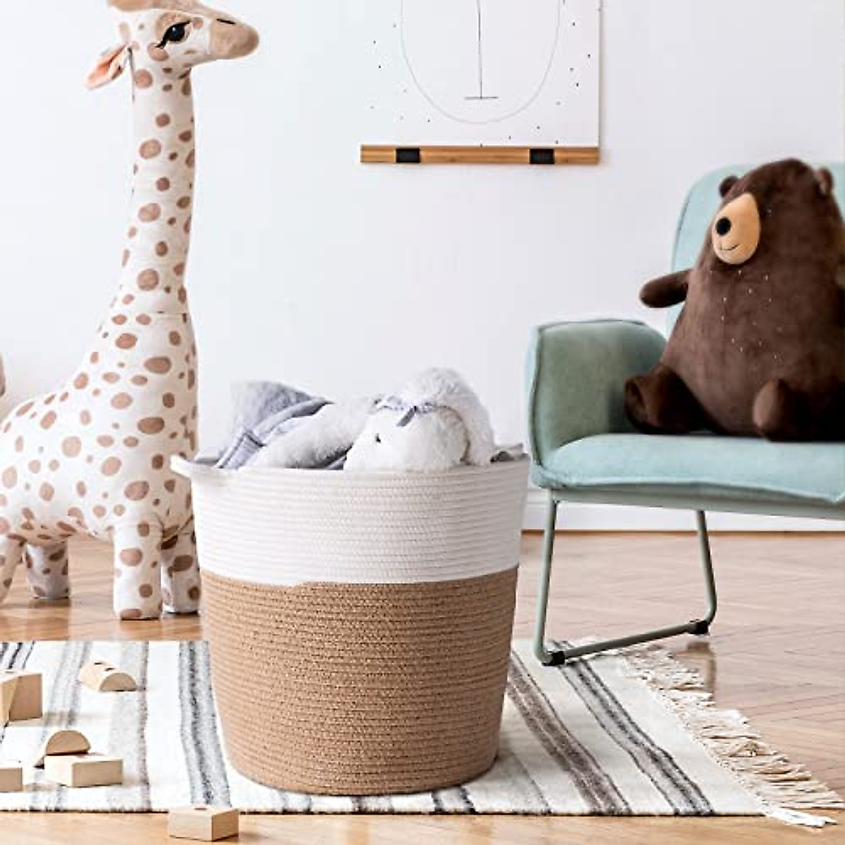 Goodpick Cotton Rope Storage Basket, Woven Round Basket with Handles for Toys, Blanket, Shoes, Large Jute Wicker Plant Basket for Living Room, Entryway, 16.0 x15.0 x12.6 inches