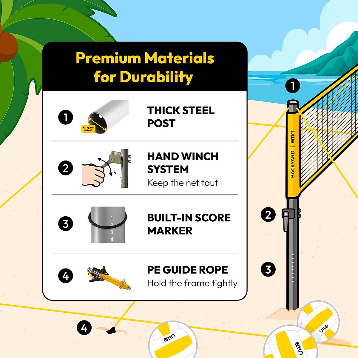 A11N Outdoor Volleyball and Badminton Combo Set - Includes Adjustable Height Anti-Sag Net, Volleyball, Air Pump, 4 Badminton Rackets, 2 Shuttlecocks, Boundary Line Marker, and Carrying Bag