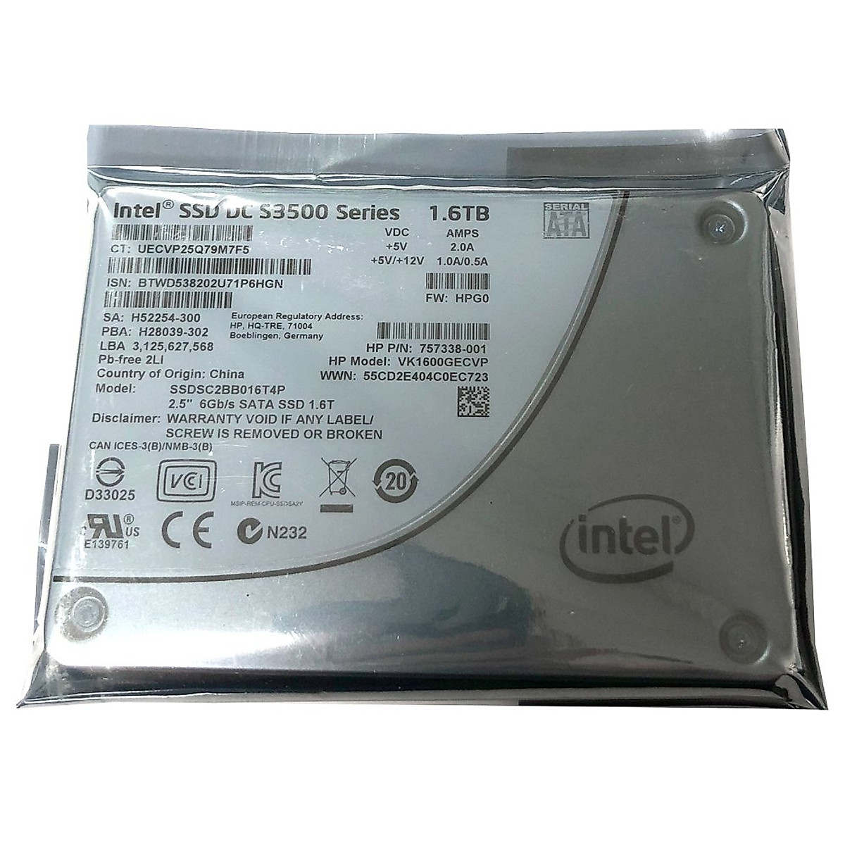 Intel DC S3500 Series 1.6TB 2.5-inch 7mm SATA III MLC (6.0Gb/s) Internal Solid State Drive (SSD) SSDSC2BB016T4P / (HP # 757338-001 / VK1600GECVP) - New OEM w/ 5 Years Warranty