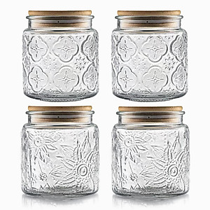 ANSQU Set of 4 Vintage Glass Airtight Storage Jars, 17 FL OZ Glass Storage Containers with Bamboo Lids, Canning Jar for Kitchen Counter, Pantry, Cookie, Coffee, Tea, Sugar, Cute Jars