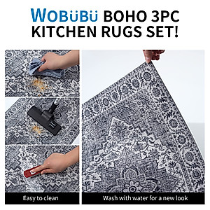 WOBUBU Kitchen Rugs Sets of 3 Washable Kitchen Mats for Floor 3 Piece Kitchen Rug Set Non Slip Kitchen Runner Carpets for Laundry Room Entryway Grey