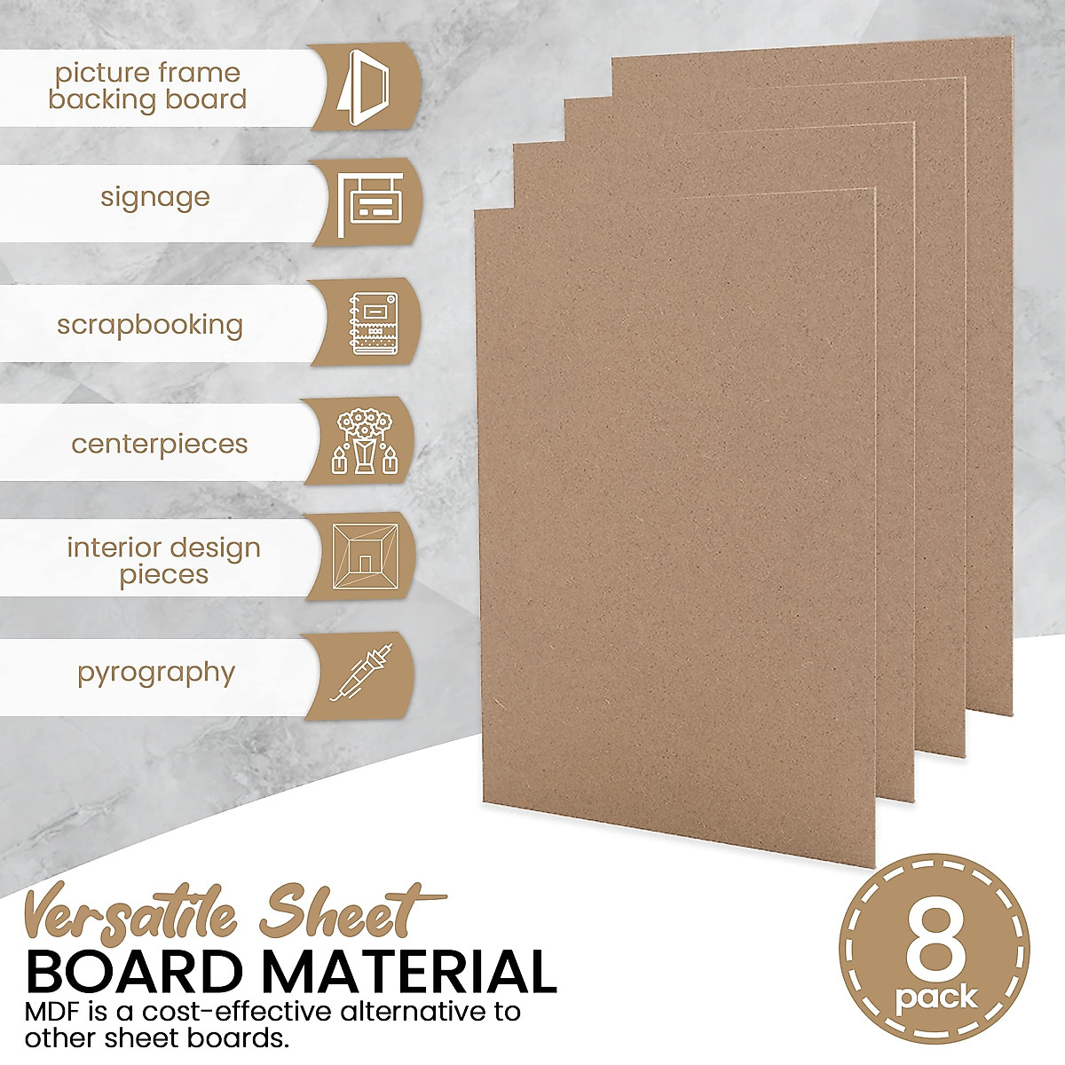 (8-Pack) CalPalmy 8” x 10” MDF Boards - 2mm Thick Boards for Carpentry, Interior Design, Hobby Crafts, and More - with Smooth, Unfinished Sides and Sanded Edges