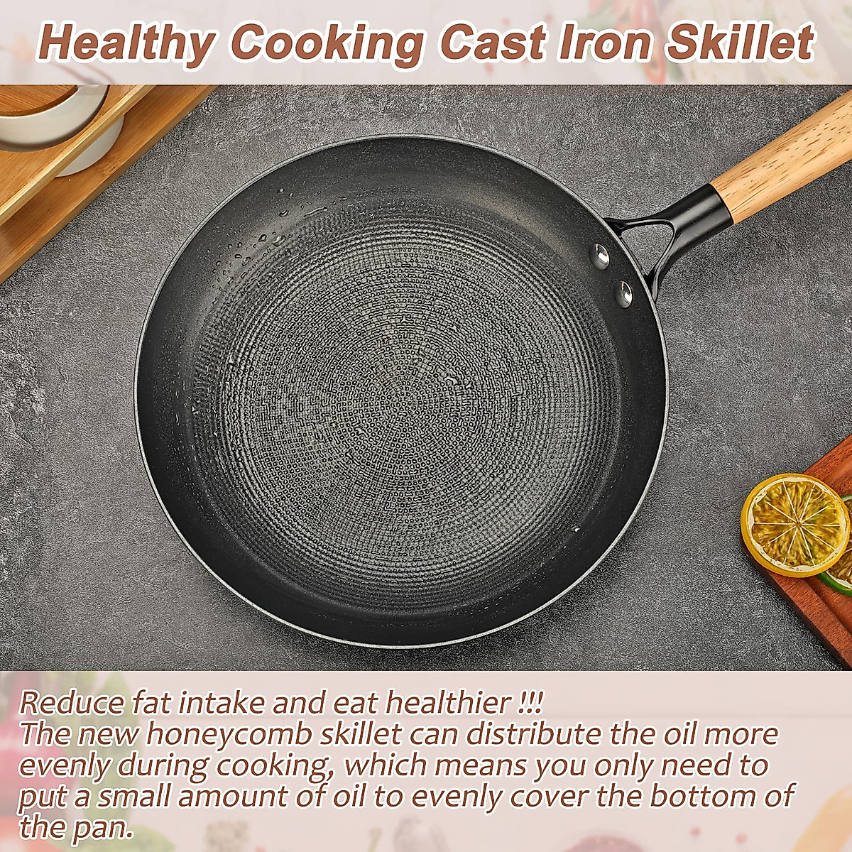 KWAY Cast Iron Skillets, Cast Iron Pan, 10 Inch Frying Pans Nonstick, Less Fat Cooking Pan - Resistant Hot Wooden Handle - Easy to Clean Handy Fry Pan - Camping Indoor and Outdoor Cooking (10 inch)