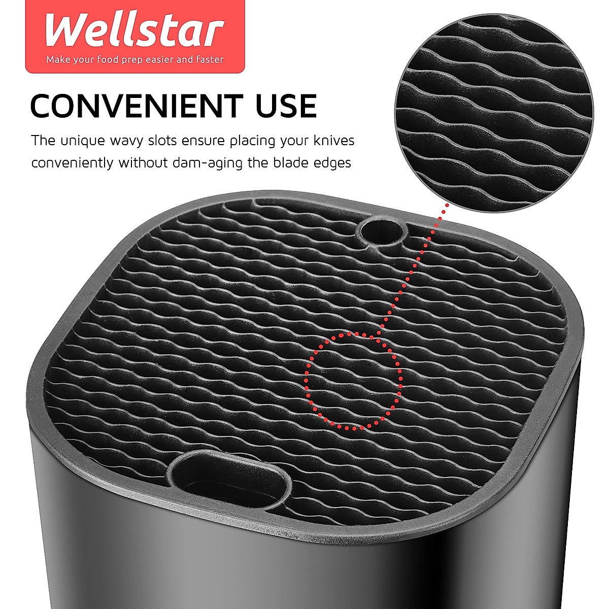 Universal Knife Block for Kitchen, WELLSTAR Knife Holder without Knives, Safe Space Saver Large Volume Stable Knife Storage with Scissors and Sharpening Rod Slot, Detachable for Easy Cleaning - Black