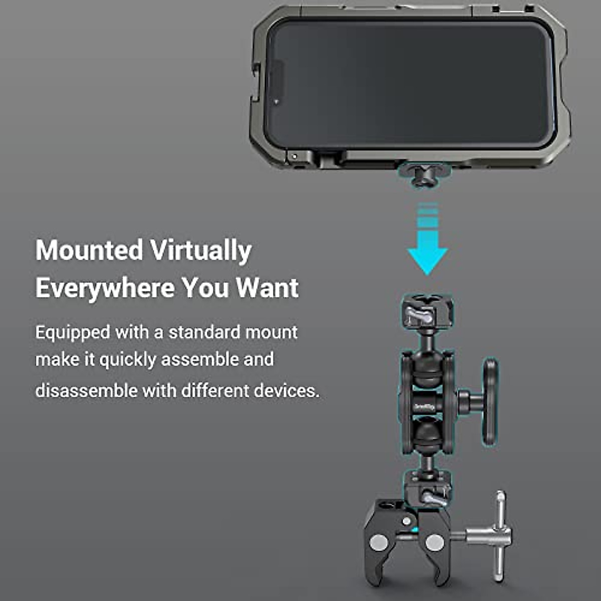 SmallRig Quick Release Ballhead Magic Arm 360° Rotation Articulating Magic Arm with 1/4" Screw, Drop-in HawkLock Camera Clamp for Field Monitor, Camera, Light, Max Load of 5kg, Aluminum Alloy - 3515B
